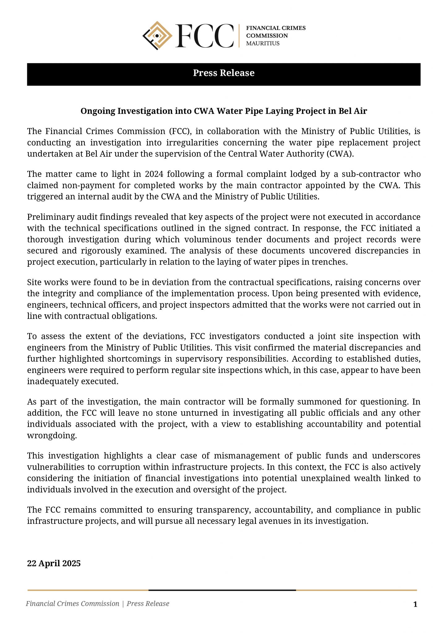 Ongoing Investigation into CWA Water Pipe Laying Project in Bel Air ...