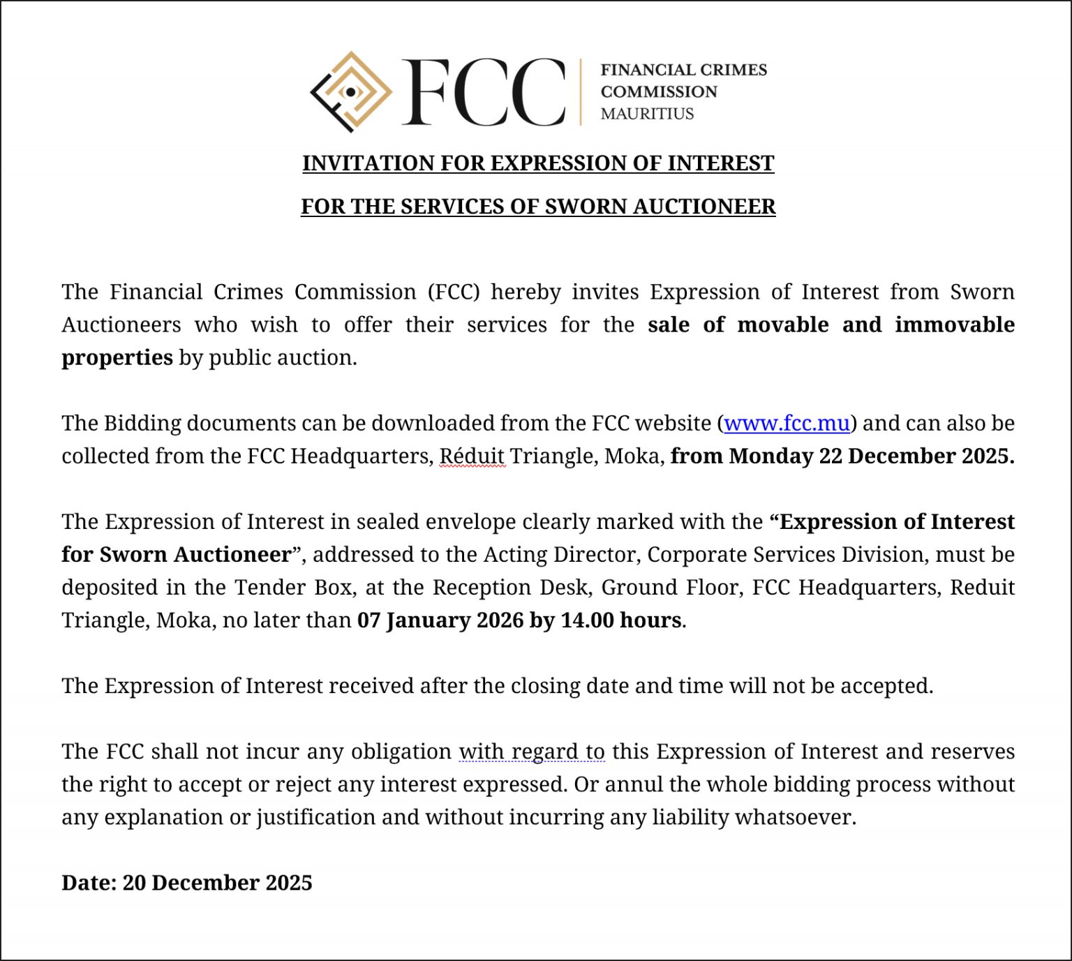 Expression of Interest for the Services of Sworn Auctioneer - Financial ...